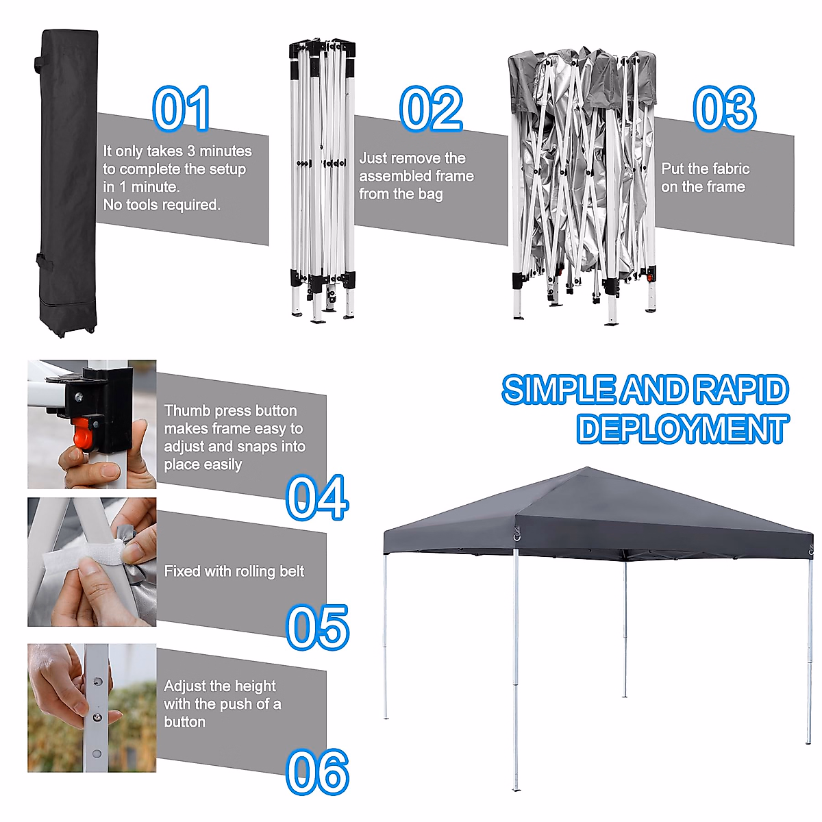 ZENY 10x10 Pop Up Canopy Tent Easy Set-up Outdoor Patio Canopy Adjustable Straight Leg Heights Instant Shelter with Wheeled Bag, Ropes (10x10ft-Grey)