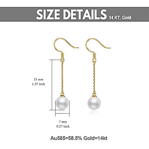 14K Real Gold Drop Pearl Earrings for Women, Yellow Gold 7mm Freshwater Cultured Pearls Threader Dangle Earrings Anniversary Jewelry Gifts for Her, Wife, Mom, Sister