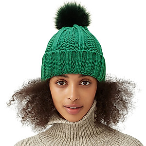 Muryobao Women Satin Lined Beanie Hat Knit Cuffed Warm Winter Hats Faux Fur Pom Pom Silk Lining Slouchy Skull Cap Green
