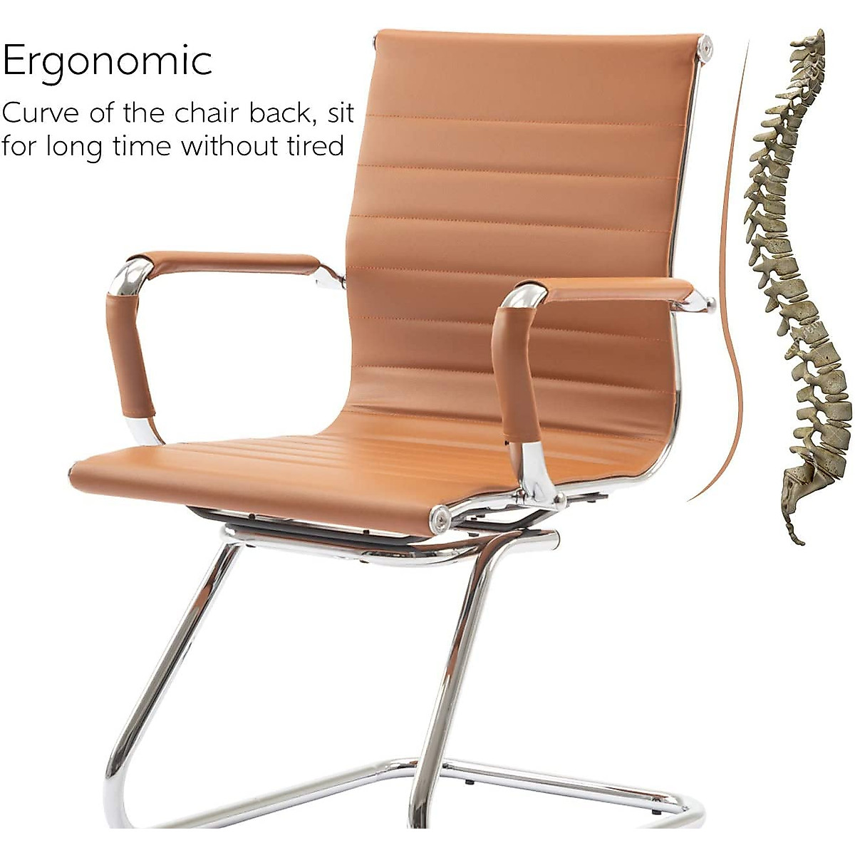 Guyou Office Reception Guest Chairs Set of 6 Mid Back PU Leather Metal Leg Sled Base Conference Reception Room Chairs with Arms (Sandy Brown, 6 PCS)