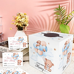 Azbuk Blue balloons Bear Baby Shower Game Cards with Box, Guess How Many, Baby Shower Game with Box and 50 Guessing Cards, Baby Shower Decorations for Boy and Girl