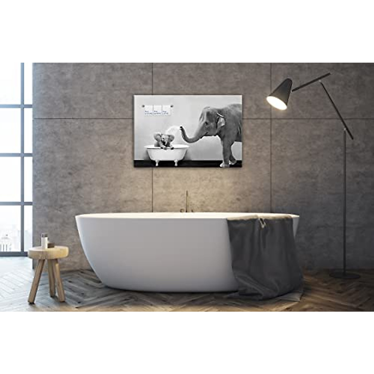 Piy Painting Elephant Bathroom Decor Wall Art, Funny Canvas Prints of Mother and Child Playing Water in Bath Crock, Warm Bathtub Picture with Keep Clean, Keep Happy, Keep Love Words Motivating Kids.