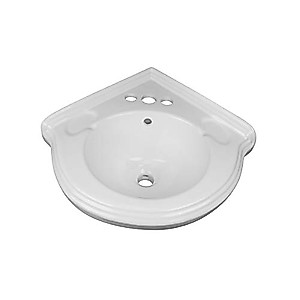 Portsmouth 22 Inch Corner Pedestal Bathroom Sink Small White - Overflow and Pre-Drilled 4 in. Centerset Faucet Holes - Grade A Porcelain Easy Clean and Install Renovators Supply Manufacturing