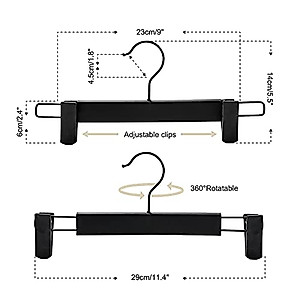 GUANJUNE 10 Pack Clothes Pants Hangers, Space-Saving Skirt Holders with 360 ° Swivel Hooks, Adjustable Clips, Trouser Hangers, Clothes Coat Garment Jeans Hangers, Black