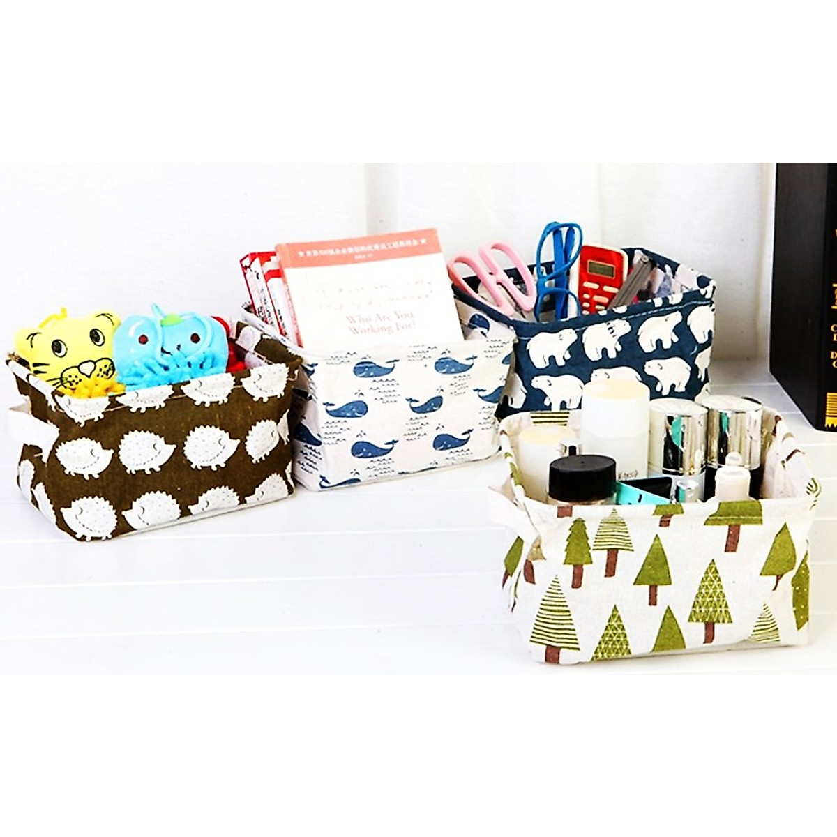 Lannu Pack 4 Home Decor Fabric Storage Bins Basket Cloth Cotton Linen Blend Collapsible Box Organizers Baskets Liner Shelves, 7.8×6.3×5.1 inch