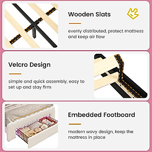 VIAGDO Twin Bed Frames with LED Lights and Storage Drawer, Upholstered Bed Frame Twin Size with Height Adjustable Crown Headboard, Type C and USB Charging Ports, No Box Spring Needed, White