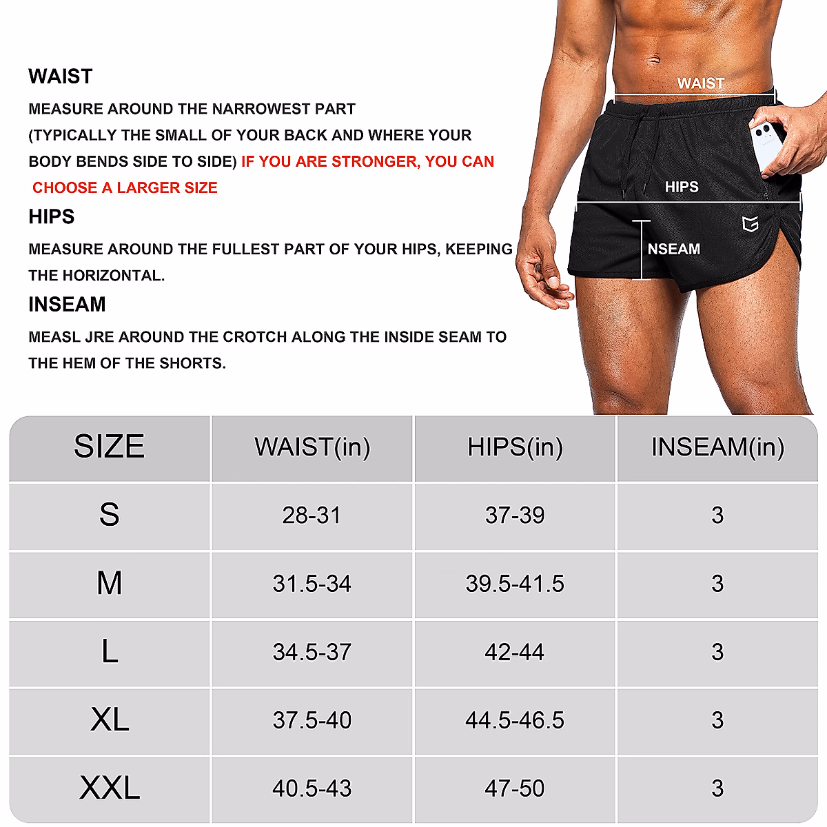 G Gradual Men's Running Shorts 3 Inch Quick Dry Gym Athletic Jogging Shorts with Zipper Pockets (Black, Medium)