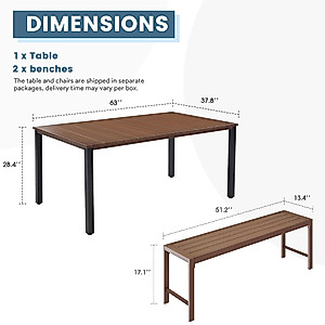 DIFY 3 Pcs Outdoor Furniture Set, Patio Dining Set with Metal Frame Rectangular Picnic Table and Outdoor Metal Backless Benches for Balcony, Poolside and Deck, Walnut