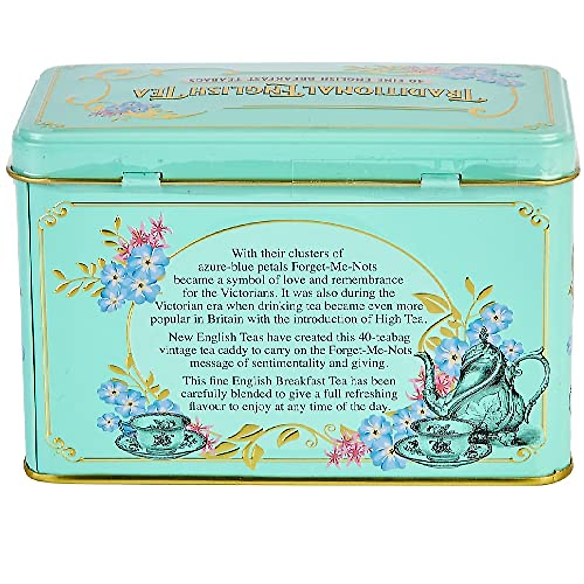 New English Teas Vintage Victorian Tea Tin with 40 English Breakfast Tea Bags, Forget Me Not Florals, Black Tea, Ceylon Tea, Mint Green British Tea Caddy