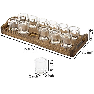 MyGift 13-Piece Shot Glass Set with Rustic Burnt Wood Serving Tray with Handles, Shooters Shot Glasses