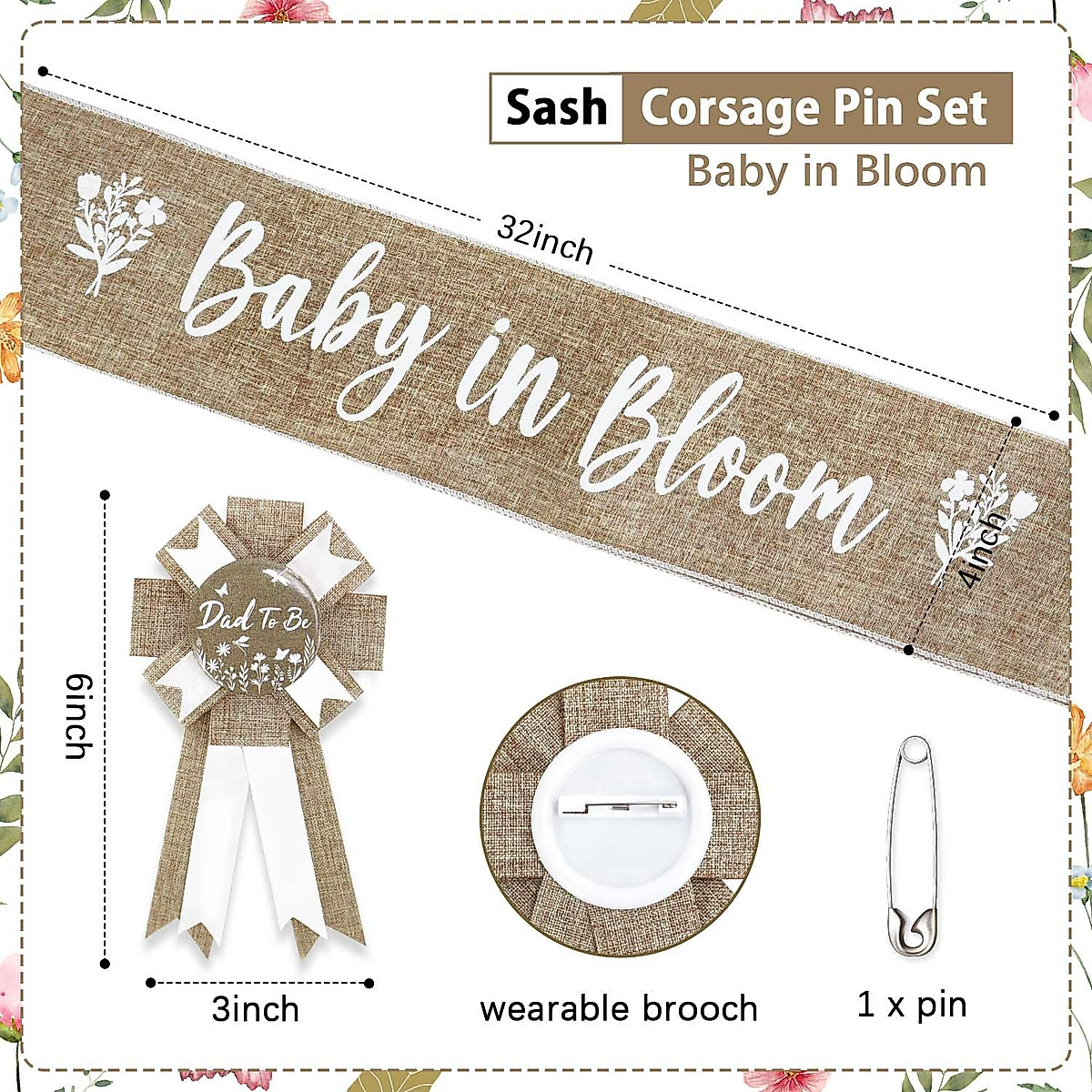 Neutral Mom to Be Sash Baby Shower Decorations,Burlap Baby in Bloom Dad to Be Corsage Wildflower Party Decorations for Pregnant Mommy Dress
