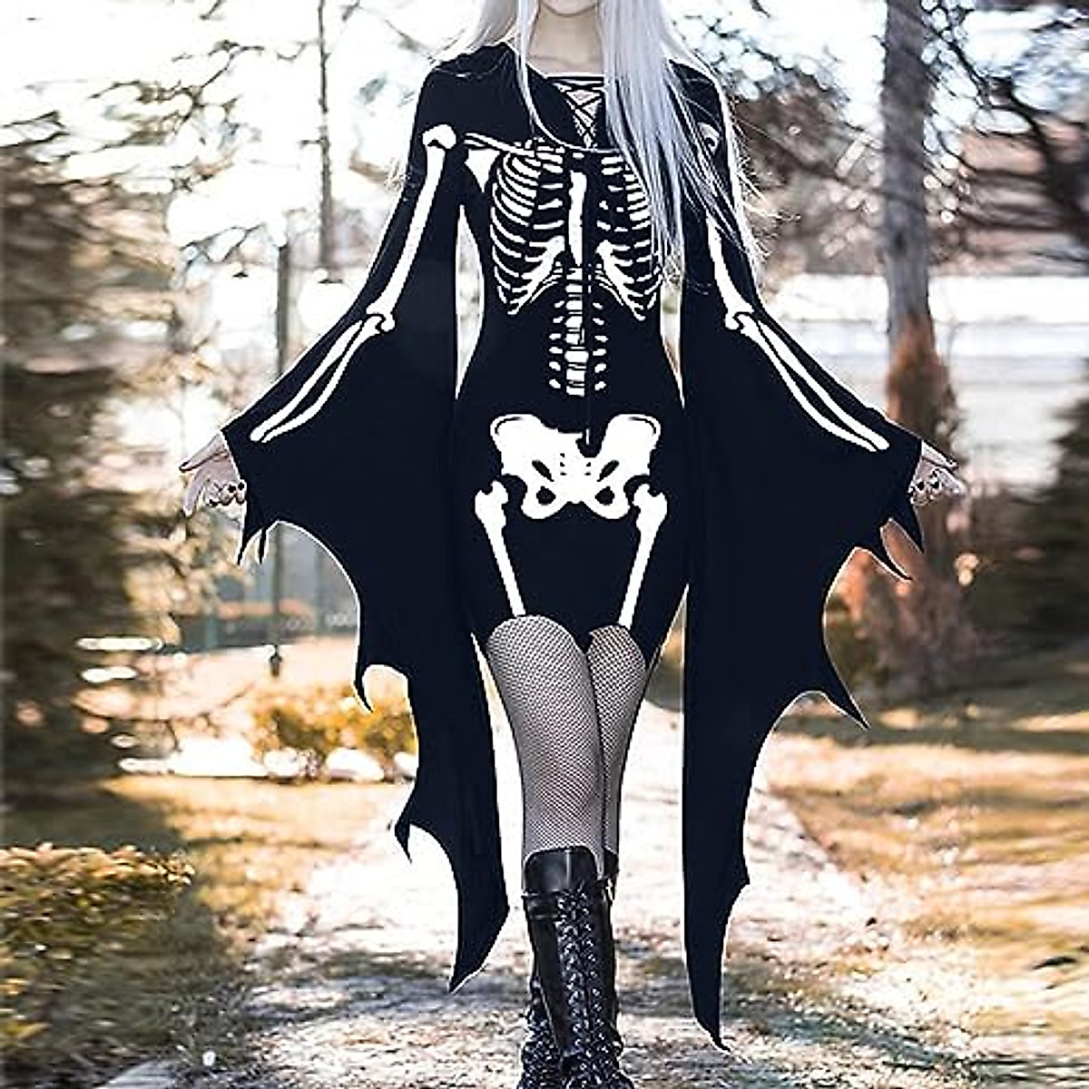 CRNTCEM Halloween Gothic Dress for Women Bat Sleeves Skull Print Vampire Gown Sexy Wrap Slim V-Neck Luxurious Skirt Steampunk Masquerade Ball Gown Cosplay Renaissance Dress Navy