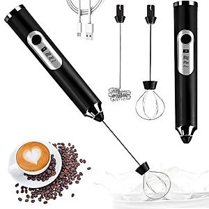 Milk Frother Handheld USB Rechargeable Milk Foam Maker with 2 Stainless Whisks Electric Mini Mixer 3 Speeds Adjustable for Coffee, Latte, Cappuccino, Matcha, Hot Chocolate, Egg, Black