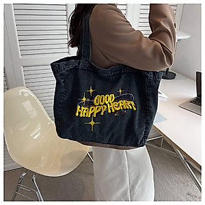 Retro Y2K Denim Shoulder Bag, Hobo Crossbody School Bag, Aesthetic Handbag Fairy Grunge Tote Bag (black)