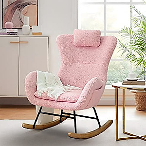 KINFFICT Accent Rocking Chair, Tufted Upholstered Glider Rocker for Nursery, Comfy Armchair with Side Pockets, Modern Lounge Arm Chair for Living Room, Bedroom (Upgraded Teddy Pink)