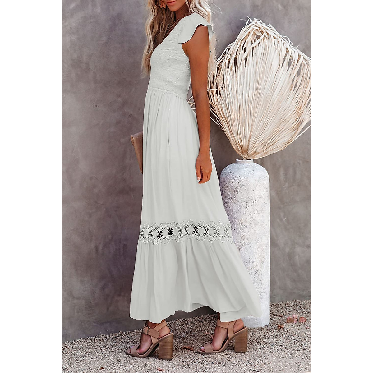 Ferlema Womens Summer Boho V Neck Sleeveless Solid Color Crochet Hem Ruffle A Line Beach Long Maxi Dress White Medium