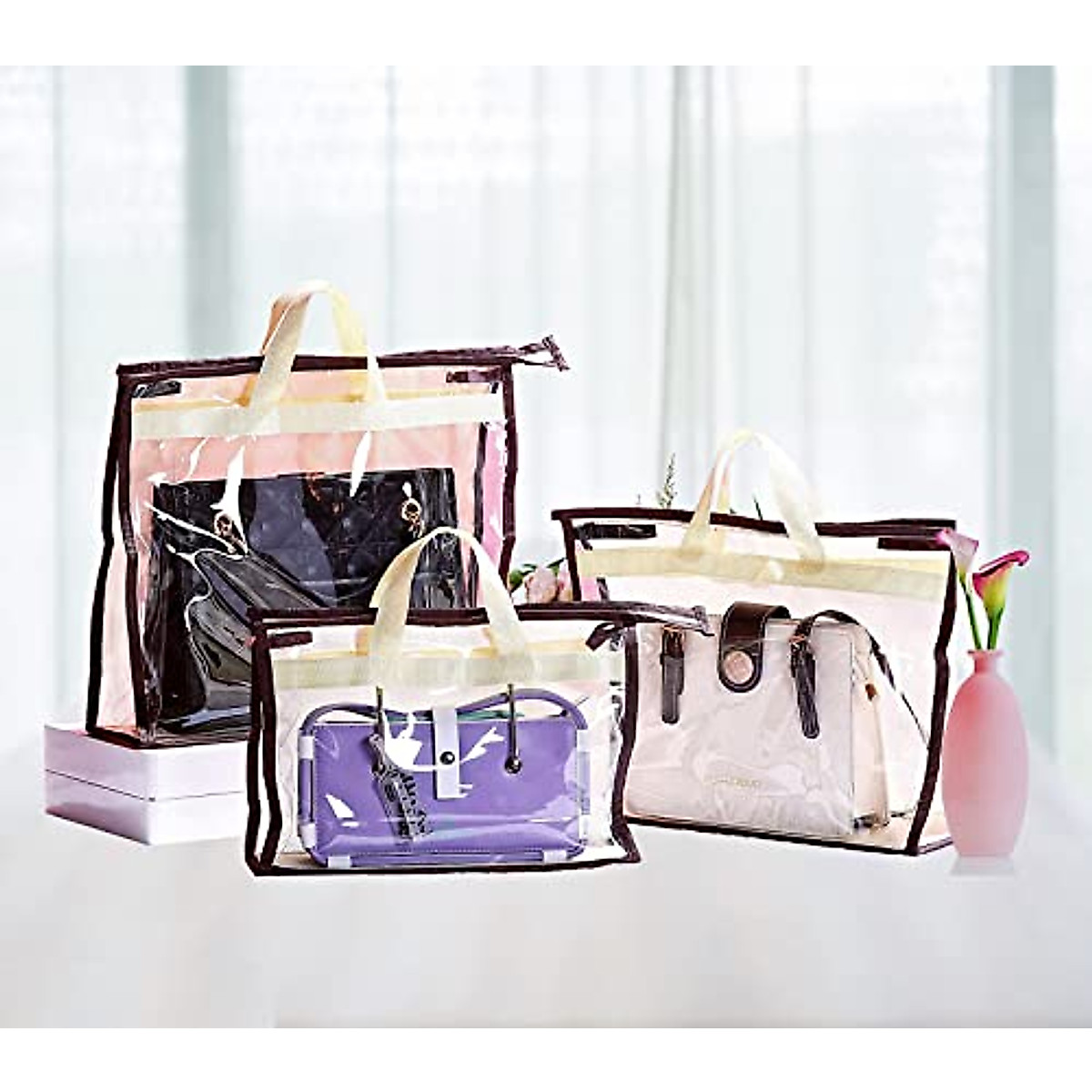 8 Pack Dust Bags for Handbags, Clear Handbag Storage, Purse Storage Organizer for Closet, Purse Cover Hanging Closet Organizer with Zipper, Handles and Purse Hook, Beige