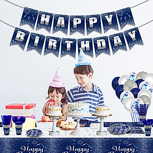Navy Blue and Silver Birthday Supplies, Blue Birthday Party Decorations for Men, Women, Includes Happy Birthday Banner, Tablecloth, Plates, Napkins, Cups and Straws, Serves 20 Guest