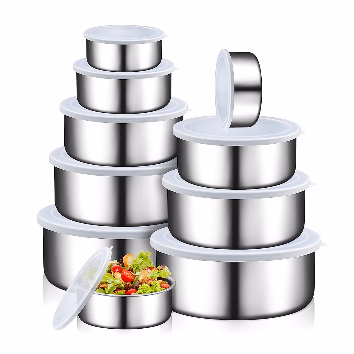 LELE LIFE 10 Pack 5 Sizes Stainless Steel Food Containers with Lids- 240/370/605/835/1200ml - Nesting Stainless Steel Food Storage Containers for Leftovers, Lunch Box, Snacks, Camping, Picnic (10PCS)