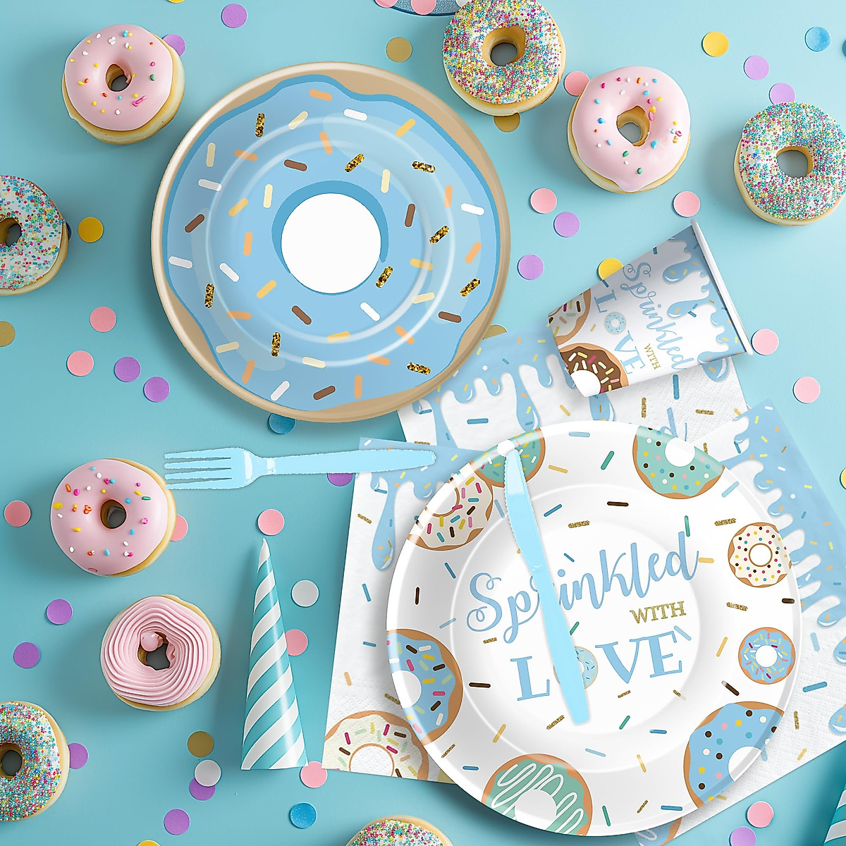 Suhelkit Donut Baby Sprinkle Decorations For Boy - Blue Sprinkled with Love Baby Shower Party Supplies, Plate, Napkin, Cup, Tablecloth, Cutlery, Donut Baby Shower Decorations Tableware, 24 Guests