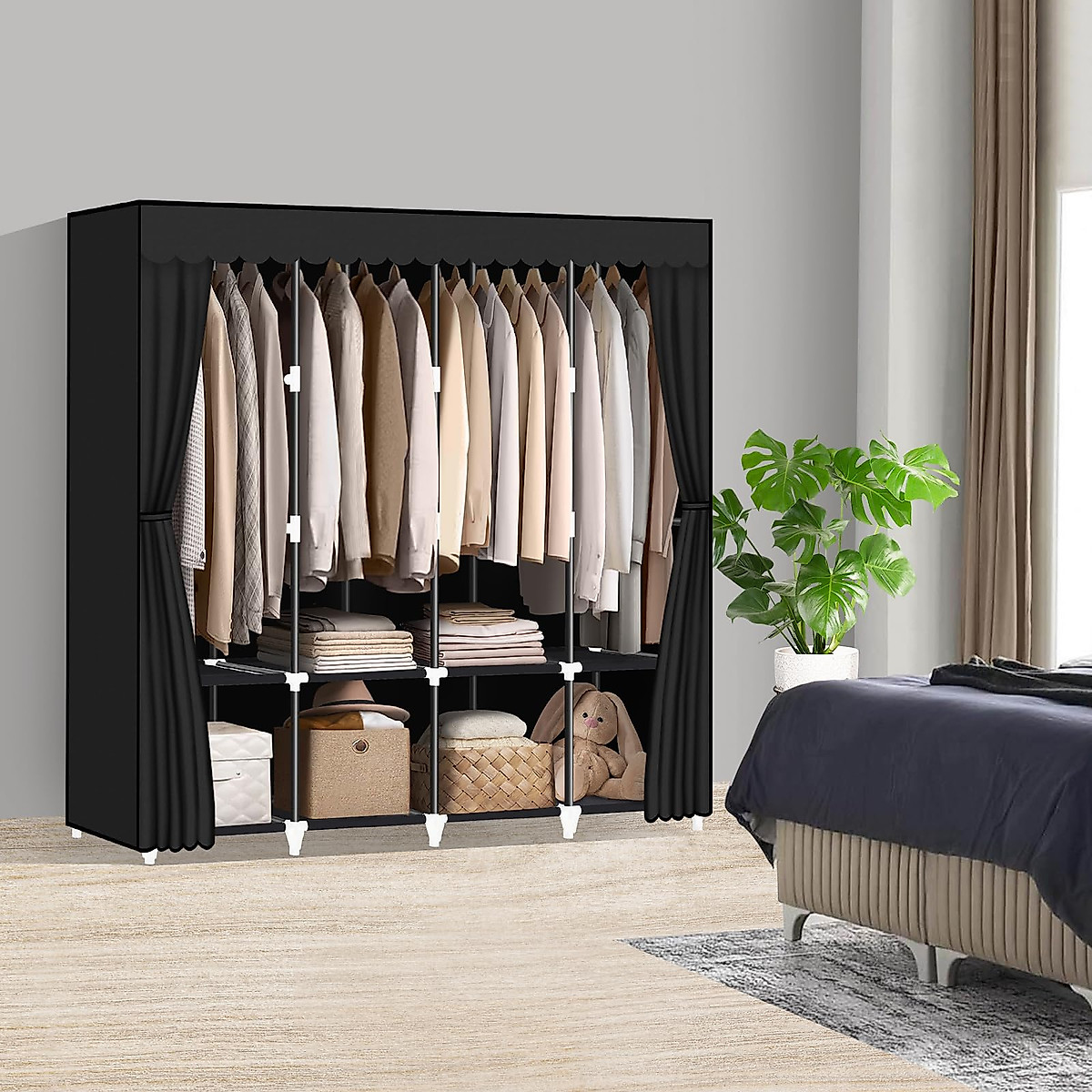 LOKEME Portable Closet, Black Wardrobe Closet Organizer with Cover, Portable Closets for Hanging Clothes 65.4x17.4x64.4 inch,4 Hanging Rods and Shelves, Large Capacity for Bedroom, Living Room