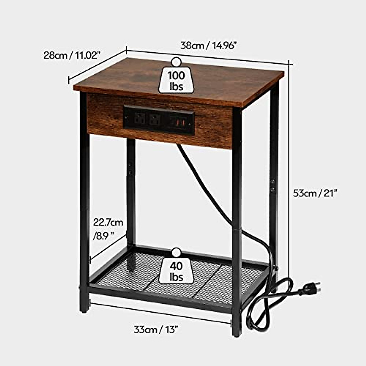 Sinewayone Nightstands Set of 2, End Table with USB-C Ports and Outlets, 2 Tier Side Table with Charging Station for Living Room, Bedroom, Office, Small Spaces, Sofa Couch, Rustic Brown