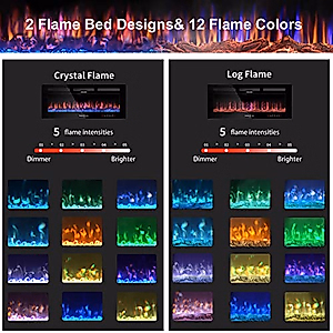 Electric Fireplace 50 inch, Home4me Fireplace Heater Freestanding, Recessed and Wall Mounted Fireplace 750/1500W, Remote Control with Timer, Touch Screen, Low Noise, 12 Adjustable Flame Colors