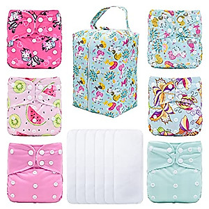 Mumsbest Cloth Diaper for Baby Girls with Tummy Panel, 6 Pack Reusable Adjustable Washable AWJ Lining Pocket Nappy with 6 Inserts & 1 Diaper Wet Bag (Girl)