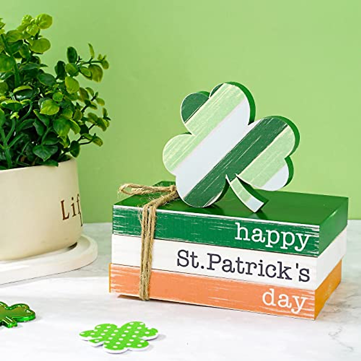 Whaline St. Patrick's Day Wooden Tiered Tray Decor Faux Decorative Stacked Books Bundle Happy St. Patrick's Day Wooden Block Sign with Shamrock for Irish Holiday Kitchen Home Table Decor