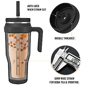 Zukro 50 oz Tumbler with Handle and Straw Lid, Vacuum Insulated Stainless Steel Water Bottle Travel Mug with Screw Lid, Fit in Cup Holder, Leakproof, Dishwasher Safe, Keeps Cold 30 Hours - Black