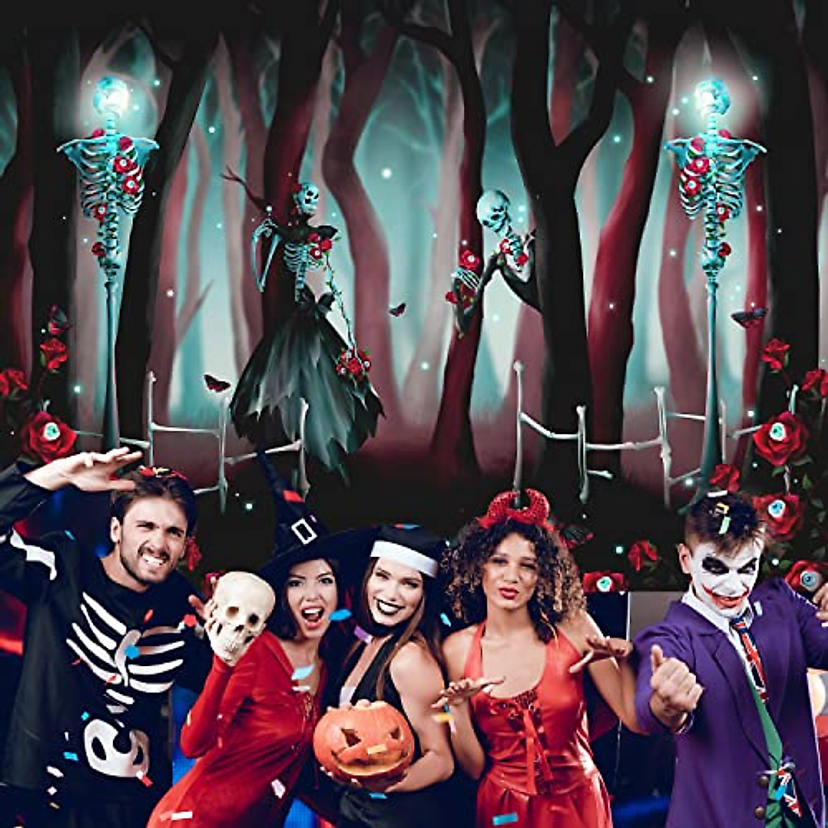 3 x 5 ft Fabric Rose Skeleton Party Backdrop for Halloween Party Decoration Hanging Party Background for Theme Birthday Wedding Engagement Anniversary Party Supplies (7x5 Rose Skeleton Backdrop)