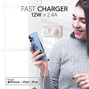 TALK WORKS USB Cable Compatible w/iPhone 13/13 Pro/13 Pro Max, 14/14 Plus/14 Pro/14 Pro Max, Phone, AirPods, iPad - 5' Lightning Cable Wall Charger Adapter - MFI Certified (Pink)