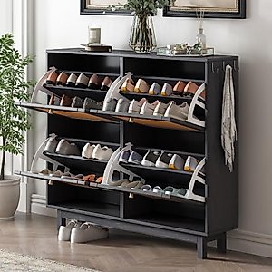 Wekity Rattan Boho Style Shoe Cabinet with 4 Flip Drawers, Modern 2-Tier Shoe Storage Organizer with Large Space, Free Standing Shoe Rack for Entrance Hallway (Black)