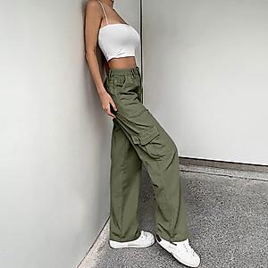 Cargo Pants Women Cute Pants Baggy Straight Wide Leg Pants with Pockets Y2k Streetwear Army Green