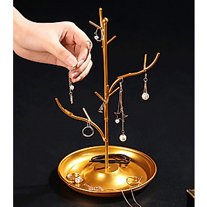 ChezMax Jewelry Display Necklace Earring Organizer Holder Metal Birds Tree Stand with Tray Antique Bracelet Rings Rack Tower Decoration for Women Girl Gold 9.4 Inch