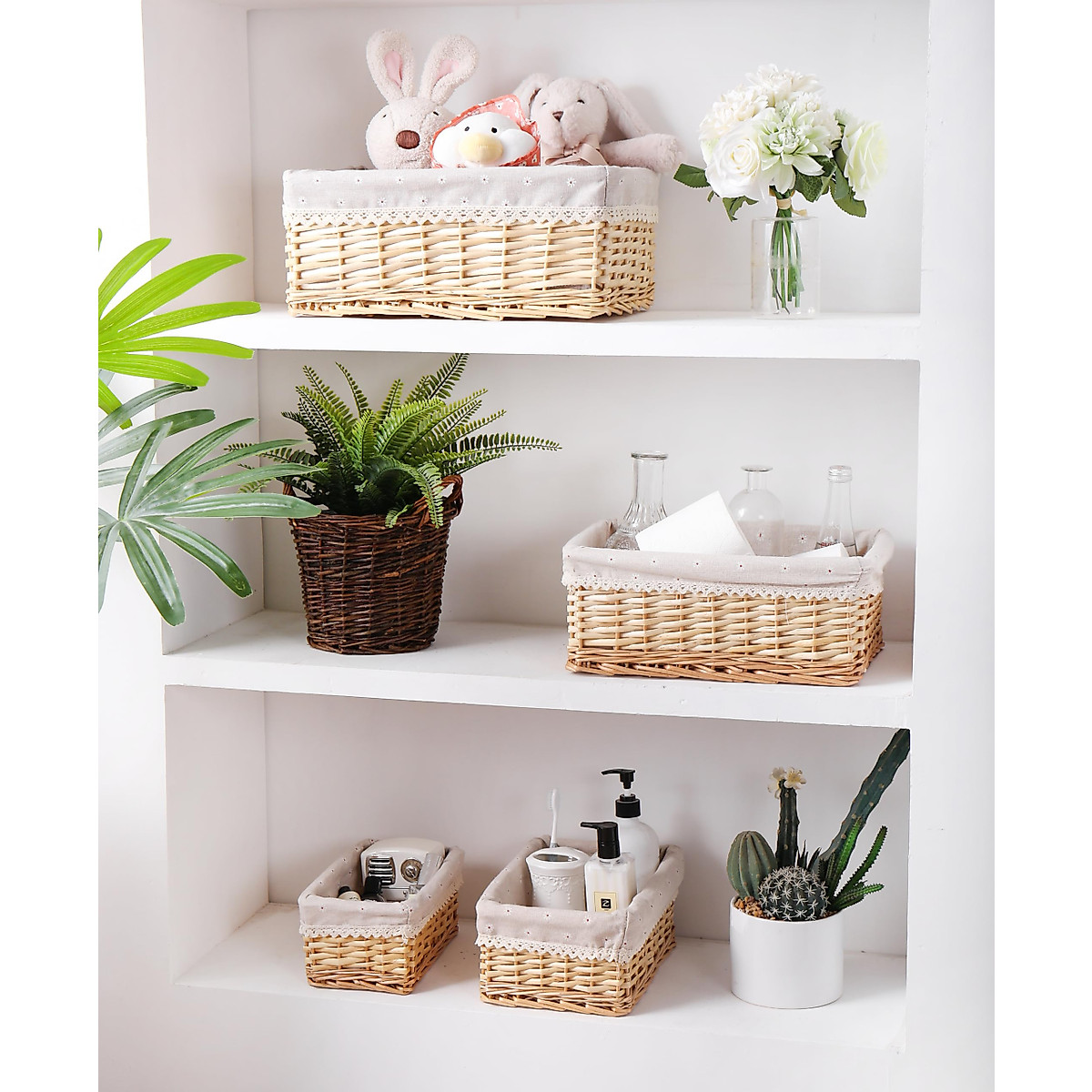 LONGERO Handcrafted Shelf Basket, Handwoven Wicker Basket, for Storage & Organizing, Natural Willow Materials with Cotton Lining, Rectangular, 1 Pack, Extra Large