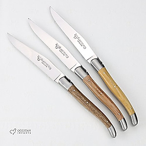 Laguiole en Aubrac Luxury Fully Forged Full Tang Stainless Steel Steak Knives 4-Piece Set with Mixed French Wood Handle, Stainless Steel Brushed Bolsters