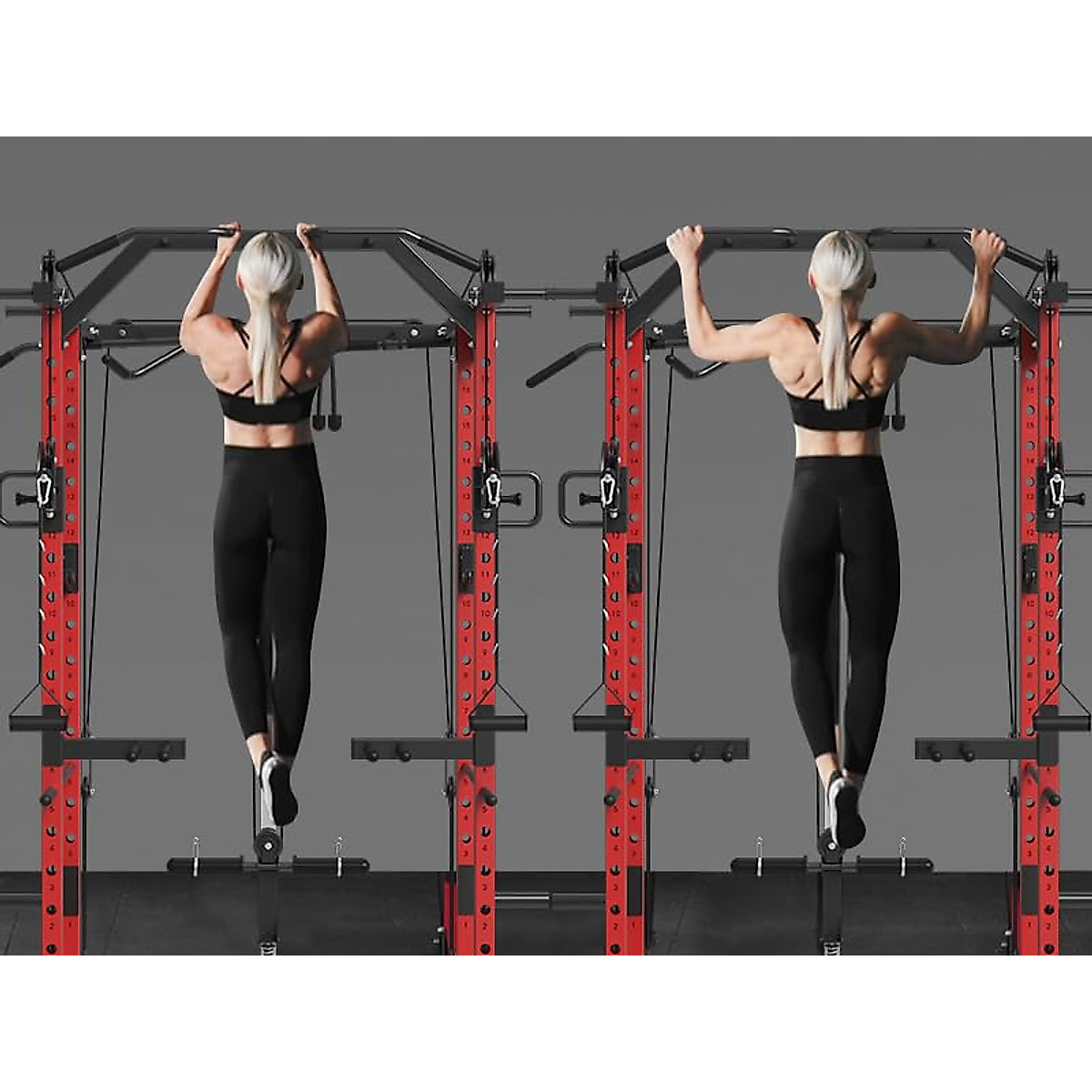 Mikolo Power Cage Power Rack with Cable Crossover System, 1500LBS Squat Rack,with LAT Pull Down System, Home Gym Packages with Weight Bench, Olympic Barbell Weight Set-Red