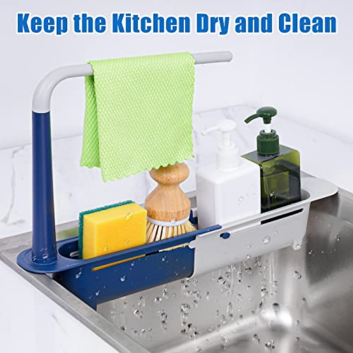 NiHome Telescopic Kitchen Sink Organizer with Towel Hanger and Expandable Drain Basket - Adjustable Length Multifunctional Caddy for Home and Bathroom Storage (Blue/White)