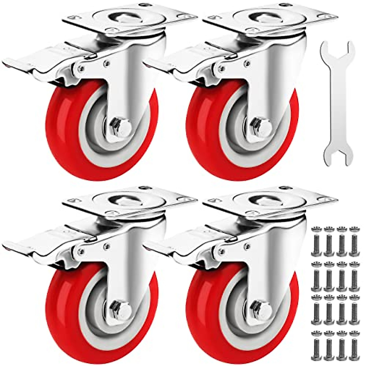 Castrek 4 Inch Heavy Duty Casters Set of 4, Lockable Plate Caster Wheels with Brakes Scratch Resistant & 360 Degree Rotatable, 2200 lbs Load Capacity - Ideal for Furniture on Any Floor (4 x Brakes)