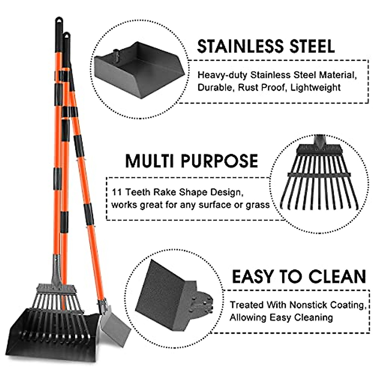 ROIUBPO Pooper Scooper, Detachable Long Handle Large Dog Poop Scooper with Metal Rake, Tray & Spade, Durable Easy Pick Up Pooper Scooper for Large Medium Small Dogs, Great for Lawn, Grass, Gravel