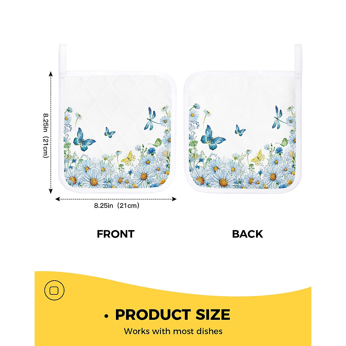 Pot Holder Set of 5 Pastoral Butterfly Dragonfly Daisy Flower Potholder Heat Proof Non-Slip Pot Holders,Blue Gradient Art Hot Pads Potholders for Kitchen Cooking Baking BBQ