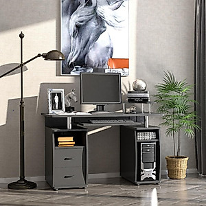 Black Computer Desk with Storage Shelves Monitor Stand Keyboard Tray, Home Office Desk, Simple Modern Style Laptop Desk for Small Space, Office Desk with Adjustable Monitor Stand Study Writing Table