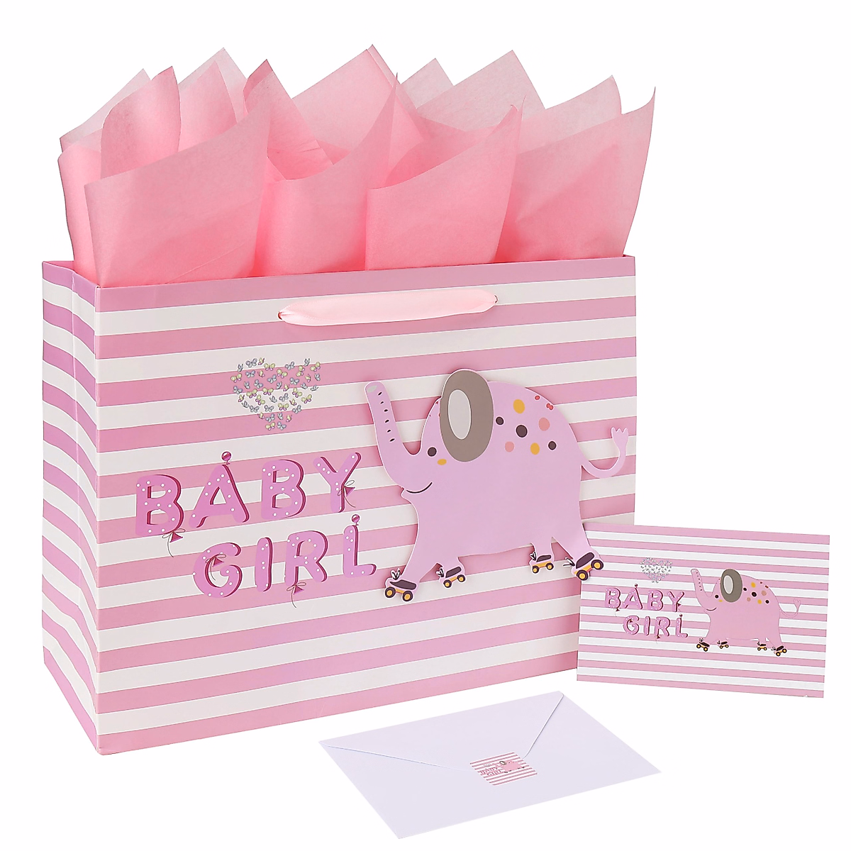 13" Large Pink Gift Bag Set with Greeting Card and Tissue Paper(3D elephant) for Baby Girl,Baby Shower,Kids Birthday Party,Newborn,New Moms or Parents-13” x 5.2” x 10.2”, 1 Pcs.