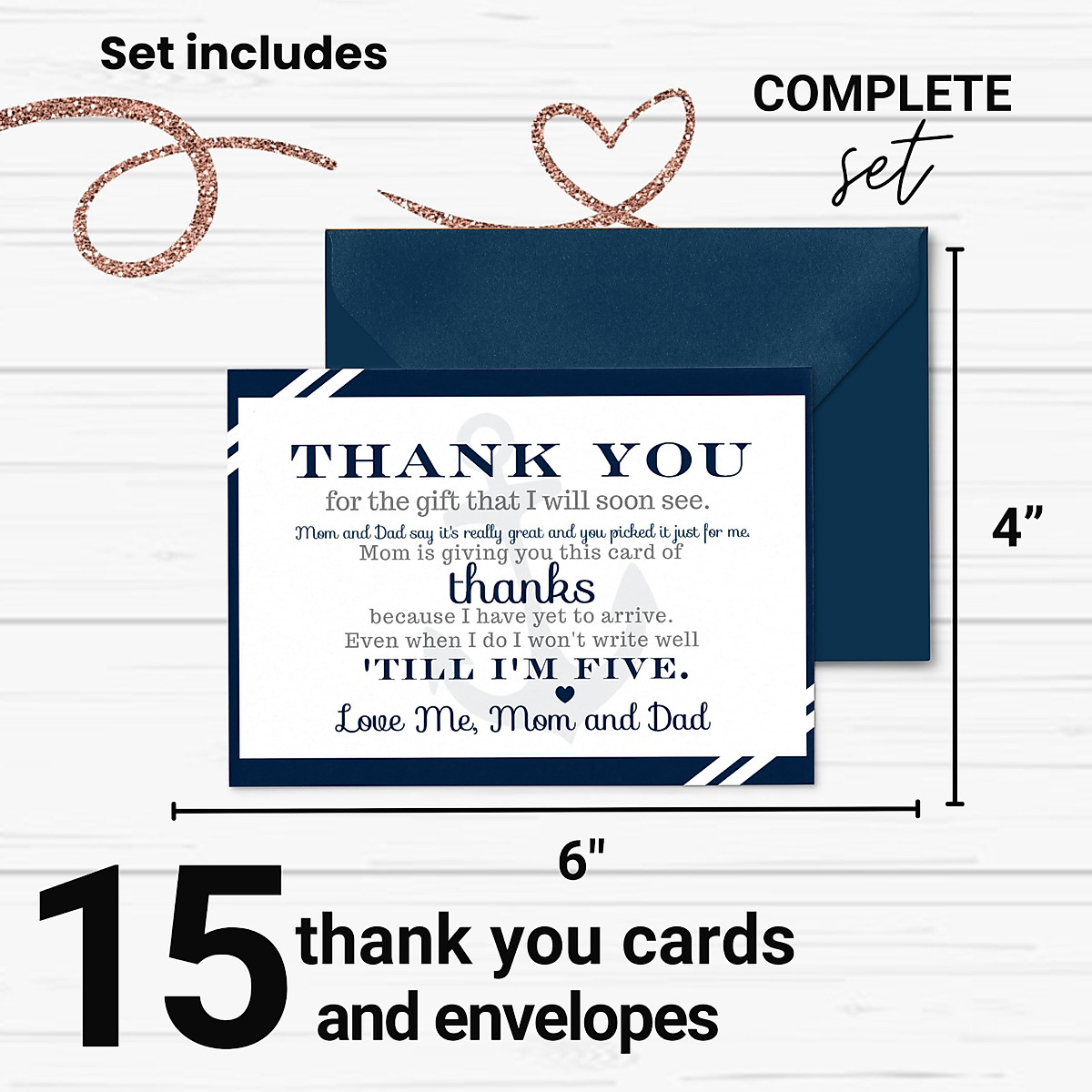 Paper Clever Party Nautical Baby Shower Thank You Cards with Envelopes Blank Notes Prefilled with Message Boys Personalize for Registry Gifts Anchor Notecard Set Blue 4x6 Stationery, 15 Pack