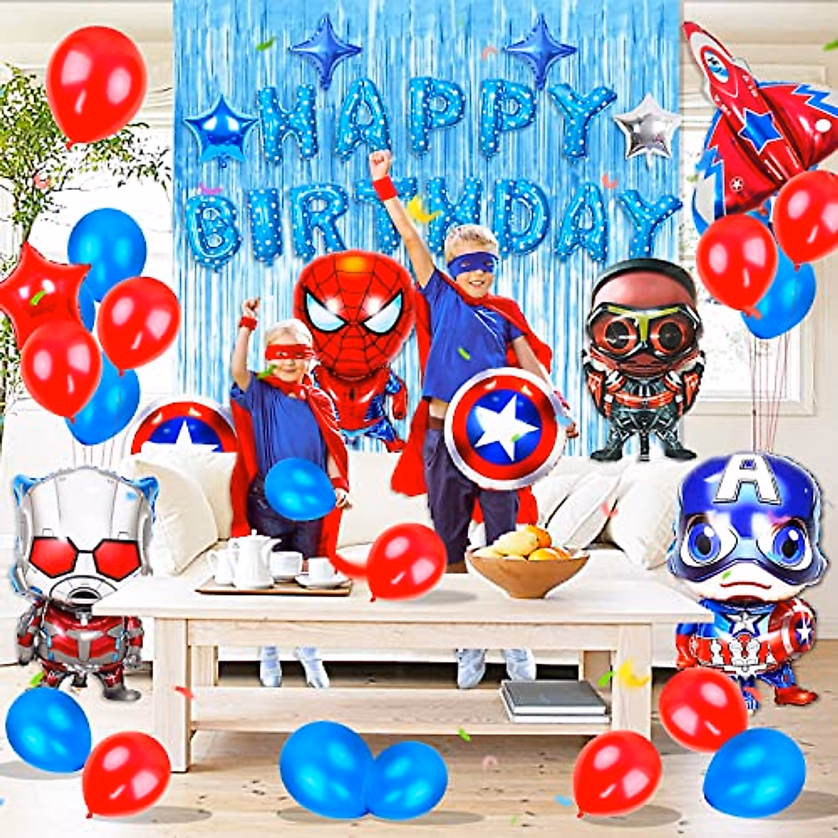 Superhero Birthday Party Decorations 72 Pack Avenger Birthday Party Supplies Large Super Hero Balloons Happy Birthday Banner Blue Background Perfect for Kids Theme Birthday and Super hero Fan Party