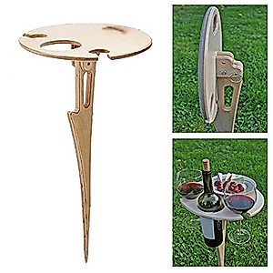JIANWEI Foldable Wine Table Stake for Sand and Grass- Portable Beach Table Sturdy Wine Table, Lawn and Garden, Round Wooden Camping Picnic Glass Holder for Outdoor, Beach(C)
