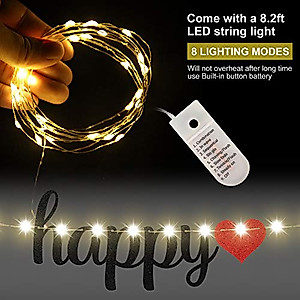 Happy Anniversary Banner with String Light 8 Flicker Mode, Gold and Black Glitter Sign Banner, Anniversary Hanging Sign Garland for Anniversary Wedding Party Ceremony Decoration