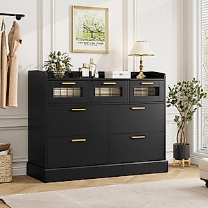HOSTACK Modern 7 Drawer Dresser, Wide Chest of Drawers with Fence, Wood Storage Organizer with Gold Handle & Fluted Glass, Accent Storage Cabinet for Living Room, Entryway, Black