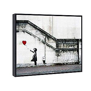 Wieco Art Framed Canvas Wall Art Canvas Prints of Banksy Grafitti Girl with Red Balloon Abstract Artwork for Wall Decor Home Decorations Black Frame